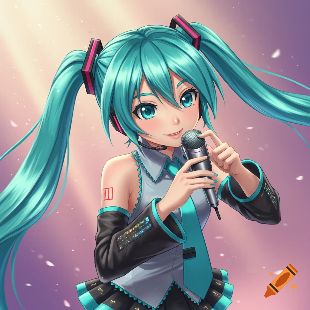 Anime art of Hatsune Miku singing into a microphone. on Craiyon