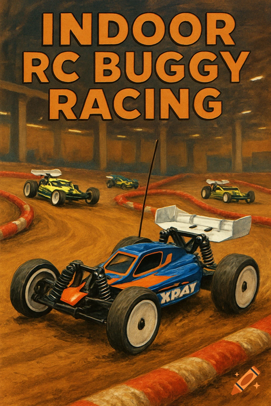 Illustrated poster of RC buggies racing on an indoor dirt track. on Craiyon
