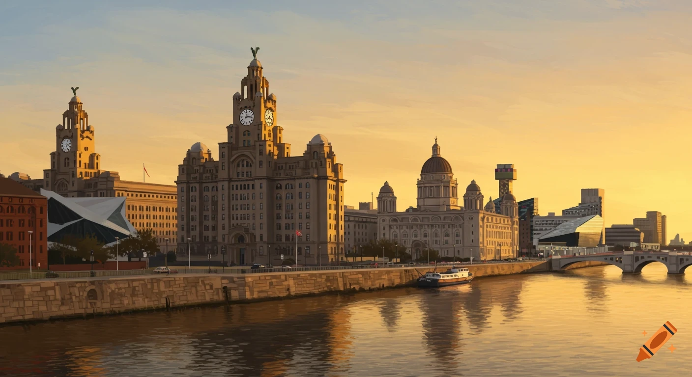 Stylized view of the Liverpool skyline at sunset, showing the Liver ...