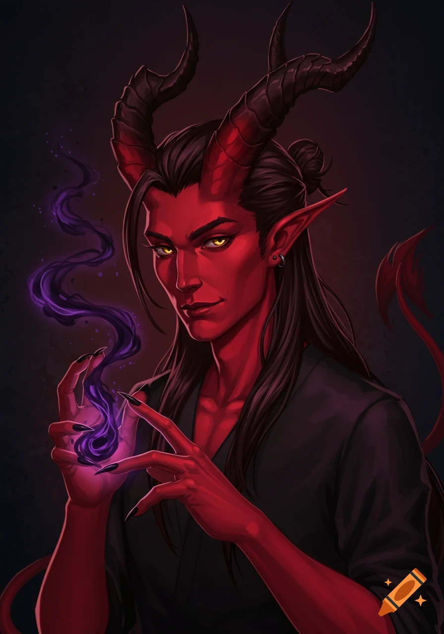 Portrait of a red-skinned tiefling with horns and tail, casting purple ...