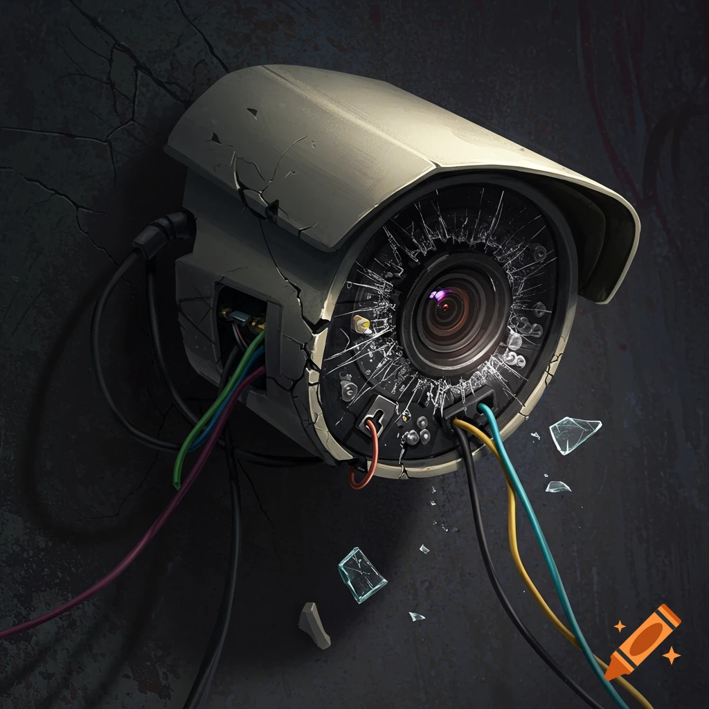 A destroyed security camera with a shattered lens and exposed wires is ...