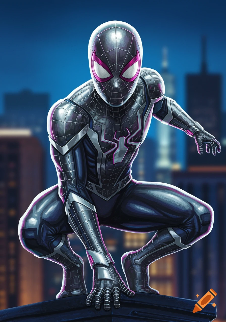 Comic art illustration of Spider-Man in a black and silver suit ...