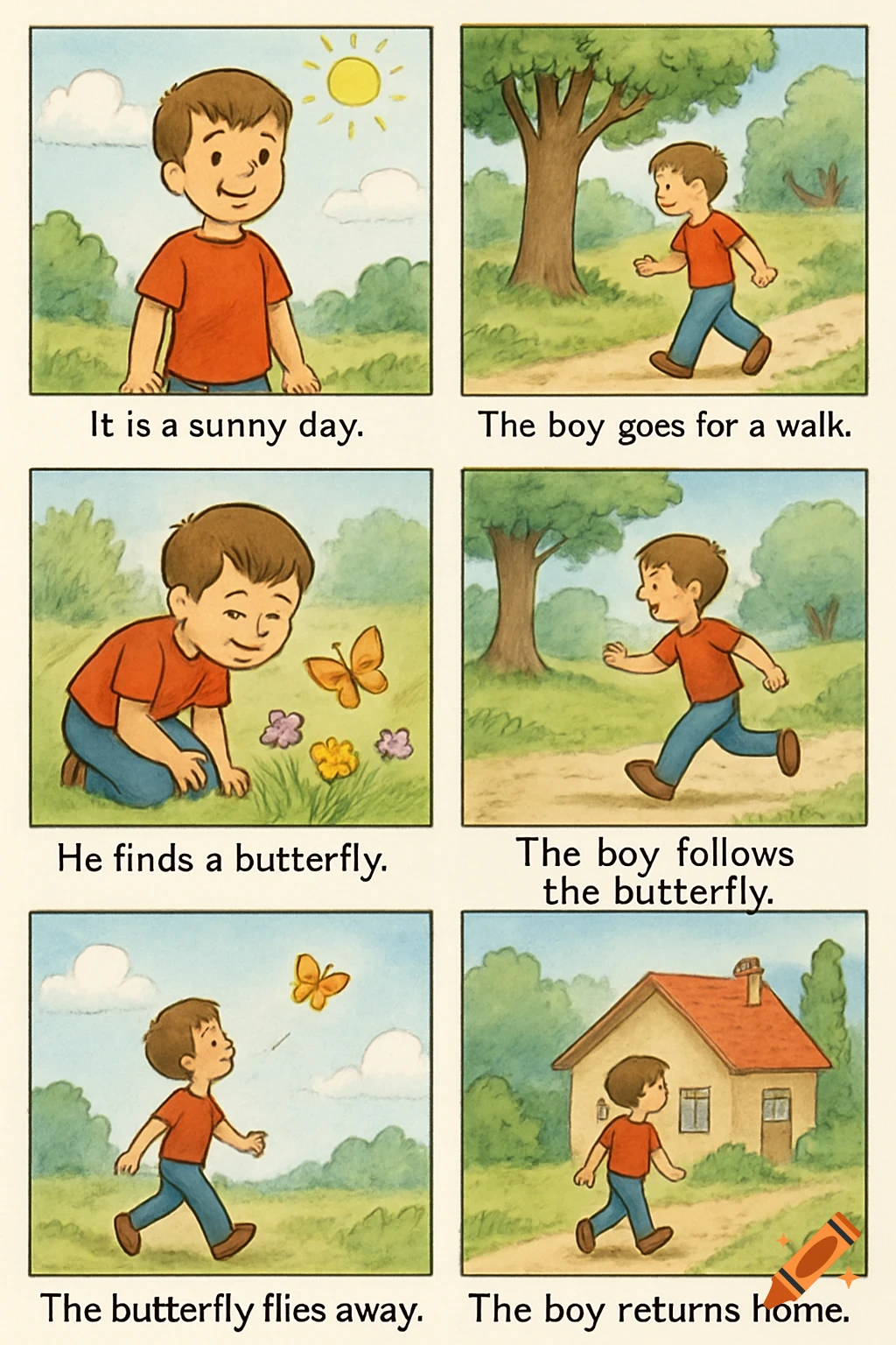 A six-panel comic strip showing a boy walking, finding a butterfly ...