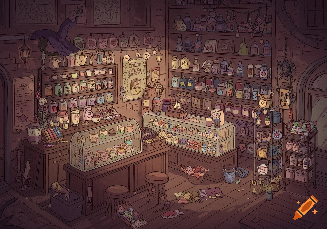 Cartoon interior of a messy fantasy shop filled with shelves of jars ...