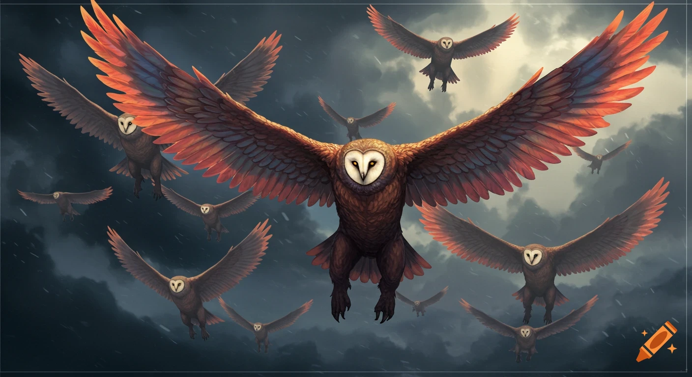 Digital art of owlbear monsters flying through a stormy sky. on Craiyon