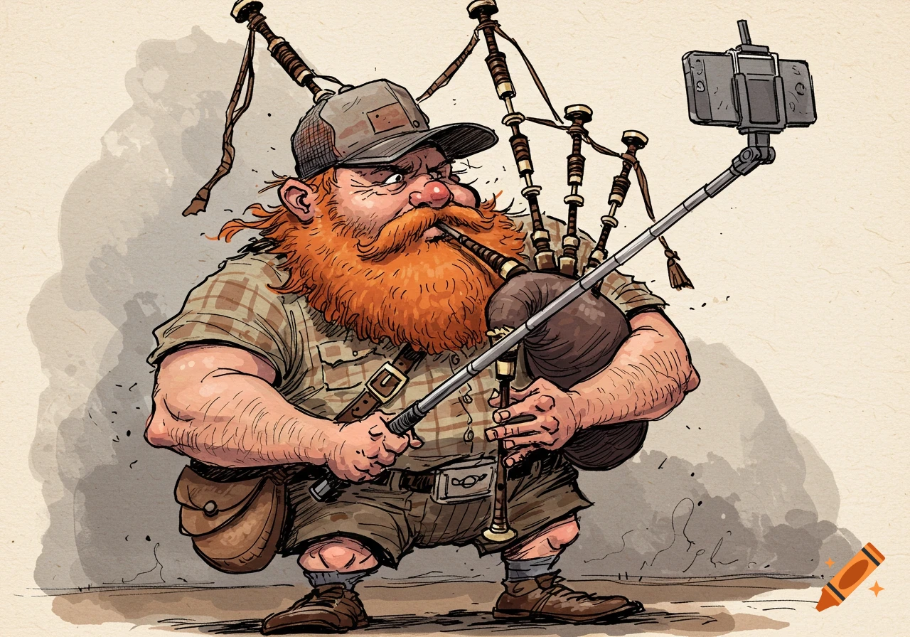 Ralph Steadman style illustration of a man with a red beard playing ...