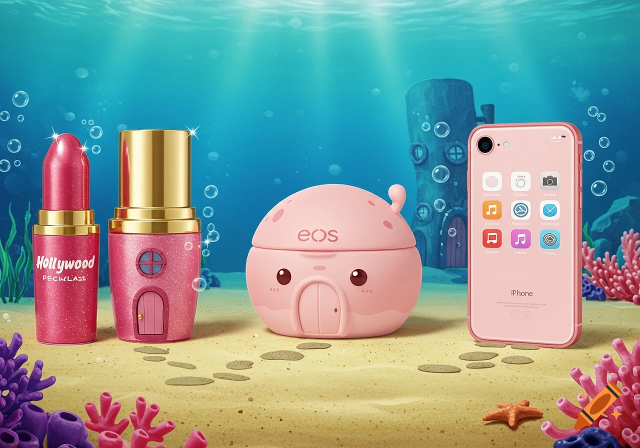 Cartoon houses shaped like pink lipstick, EOS container, and iPhone on ...