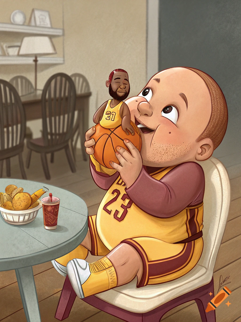 Cartoon illustration of a fat baby wearing a basketball jersey eating a ...