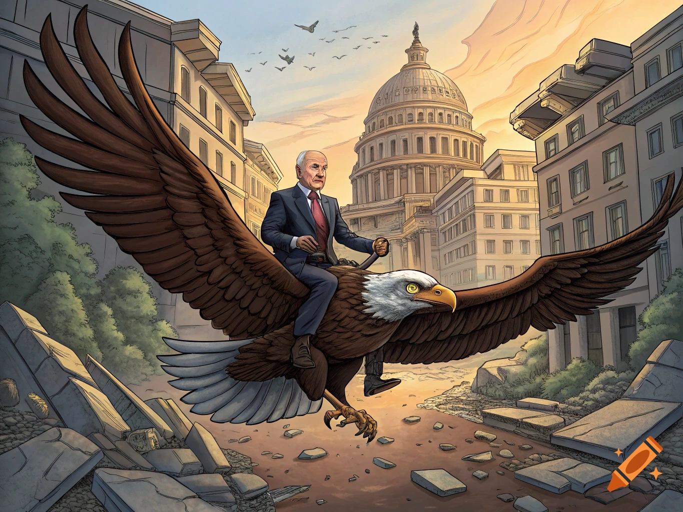 Comic art of a man riding a giant eagle over rubble in front of the US ...