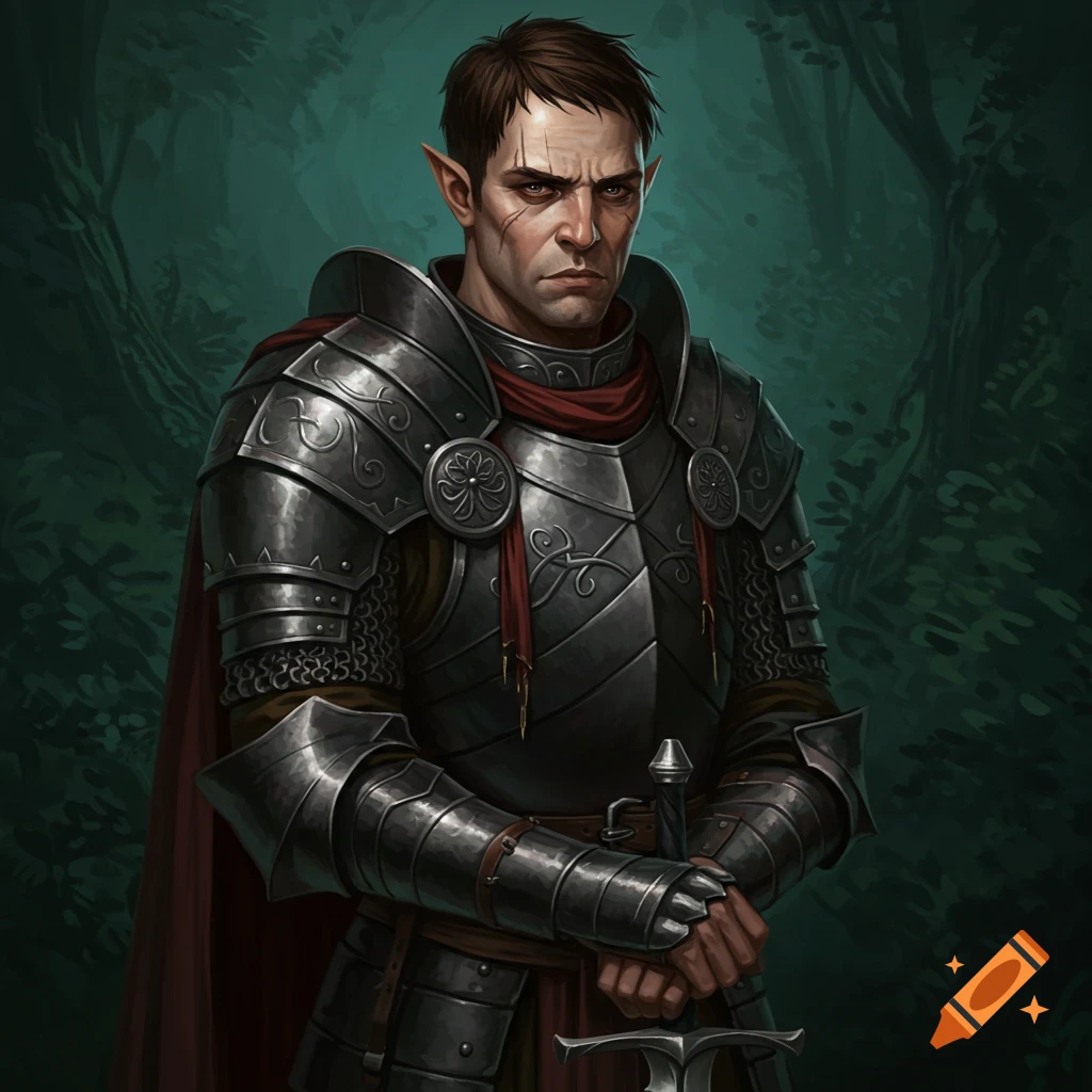Stern fantasy character in full plate armor holding a sword in a forest ...