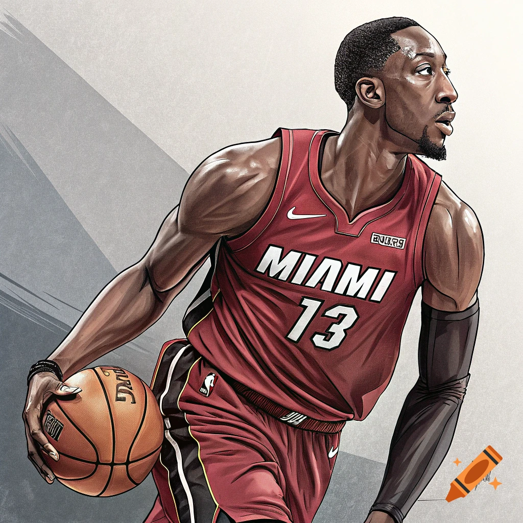 Illustration of a basketball player in a red Miami Heat jersey with #13 ...
