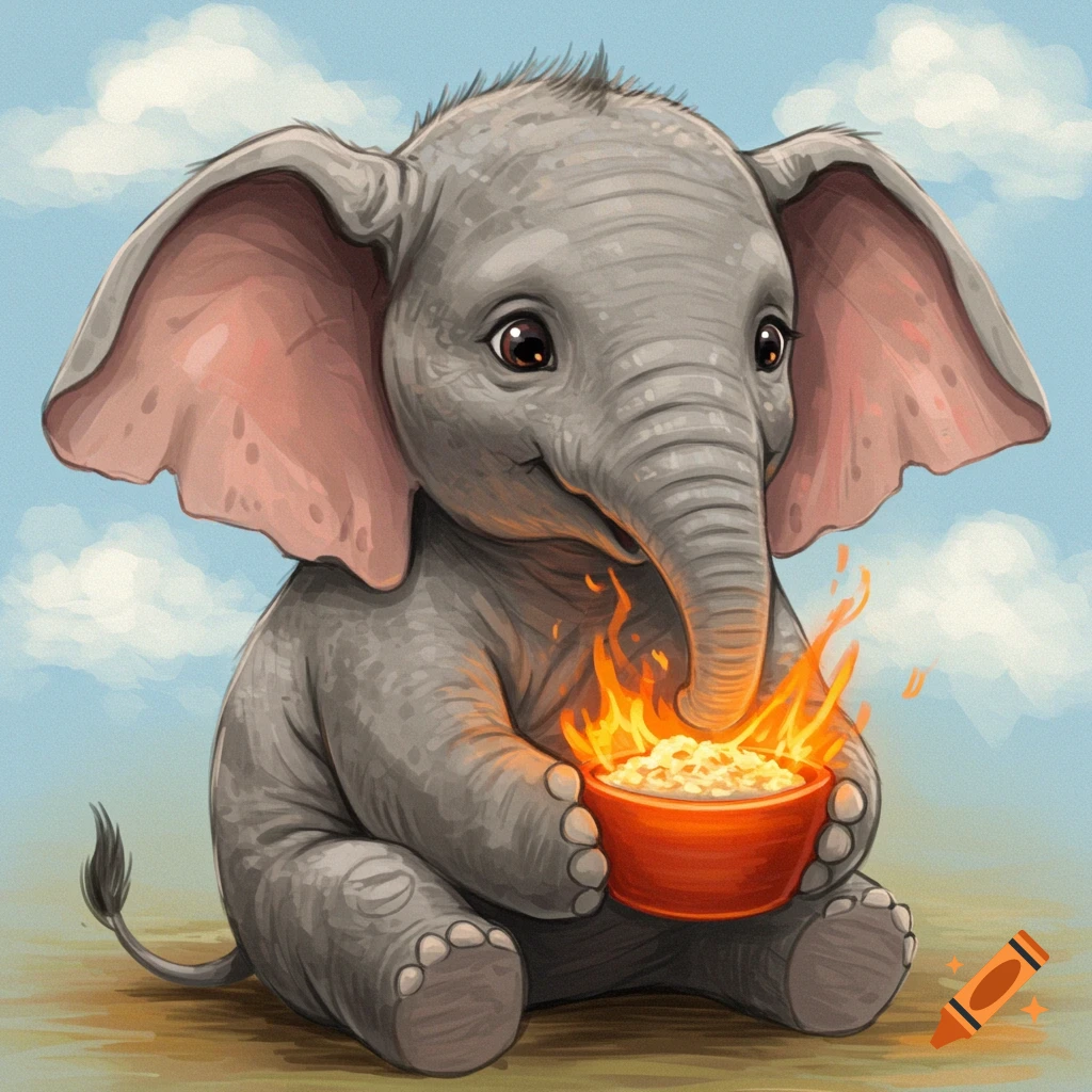 Illustration of a cute baby elephant holding a bowl with flames rising ...