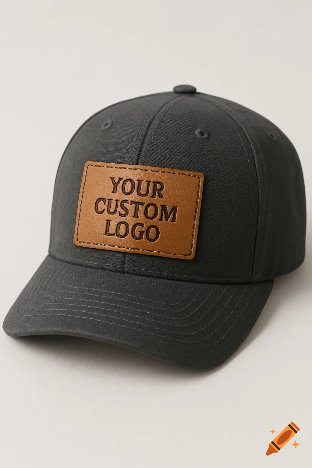 Dark grey baseball cap with brown leather patch reading YOUR CUSTOM ...