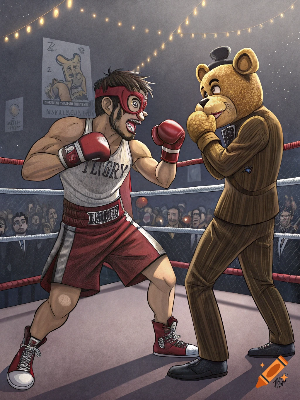 Cartoon illustration of a man fighting a bear in a boxing ring on Craiyon