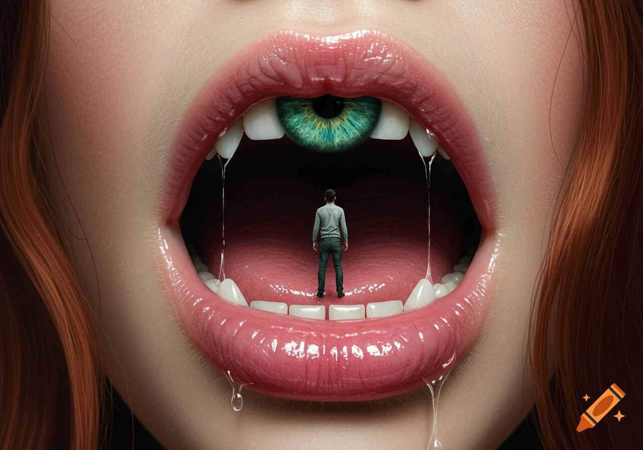 Surreal image of a small man in a giant, salivating mouth with a large ...