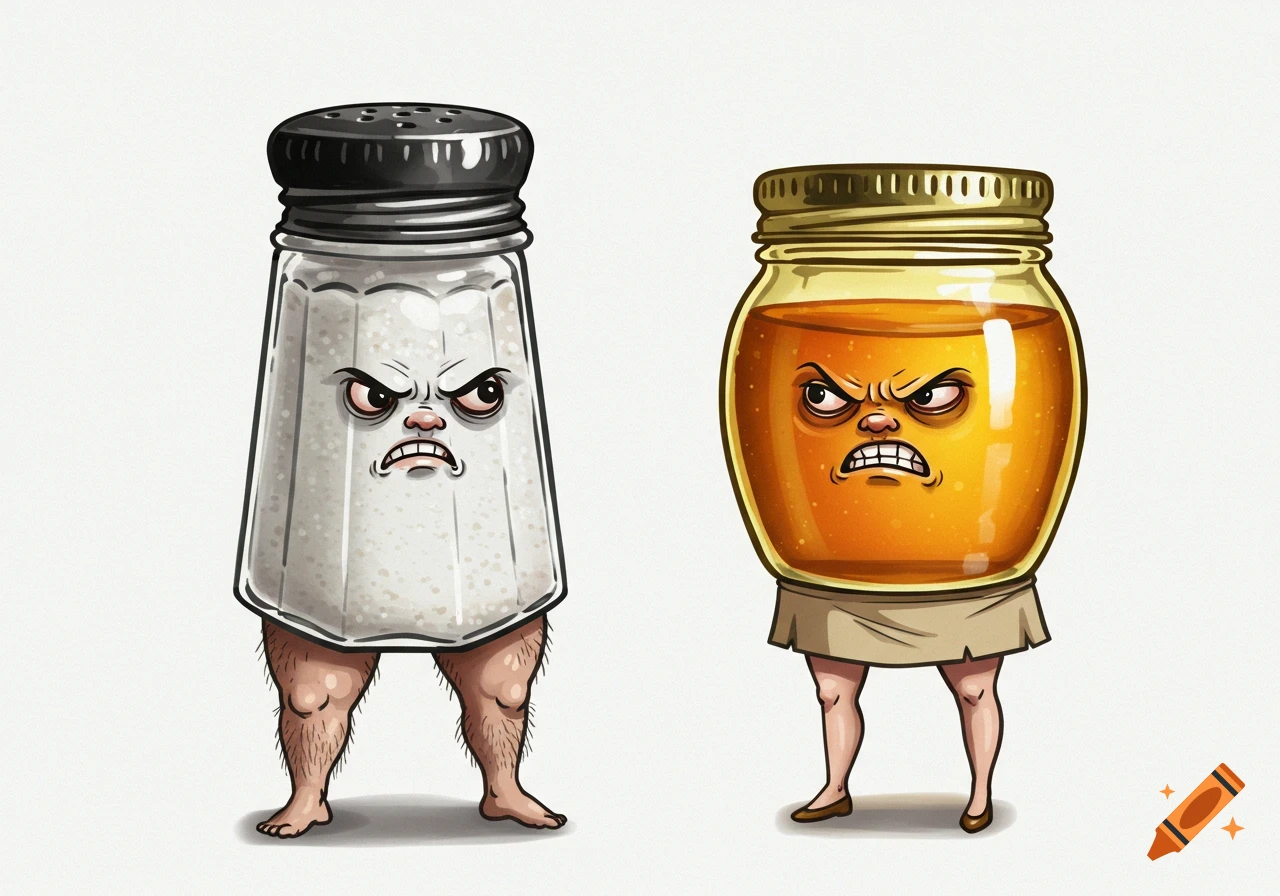 Illustration of an angry salt shaker and honey jar with human legs on ...