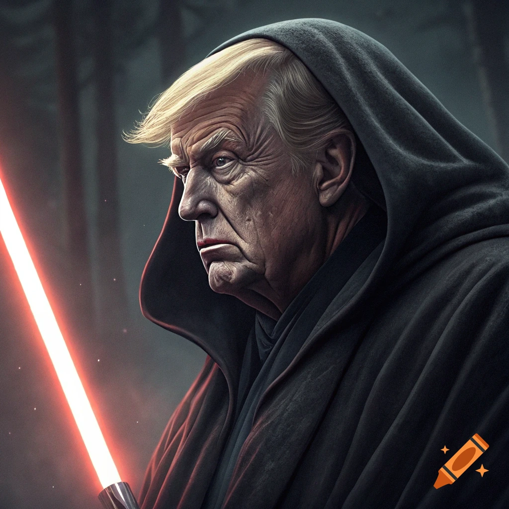 Donald Trump depicted as a Sith Lord in a dark cloak holding a red ...