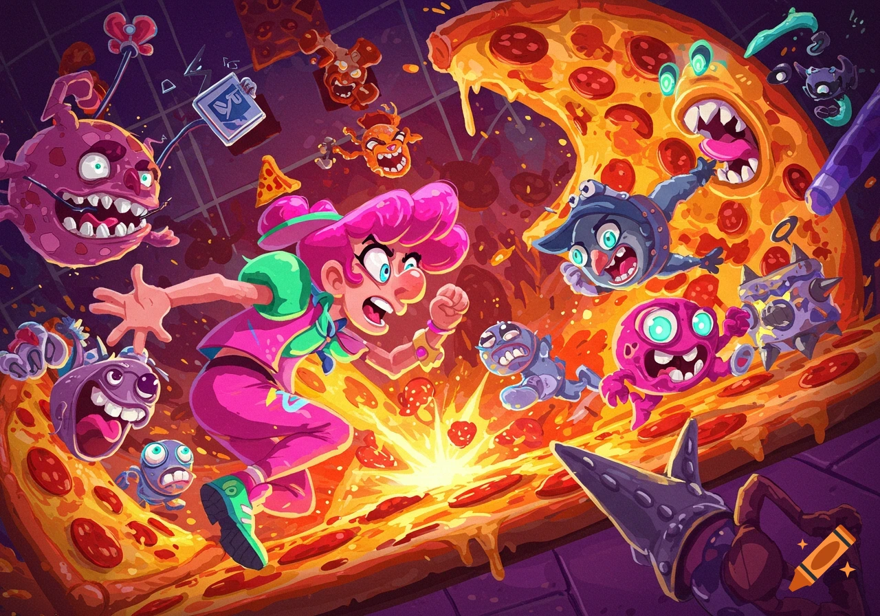 Cartoon character with pink hair runs on a giant pizza, chased by ...