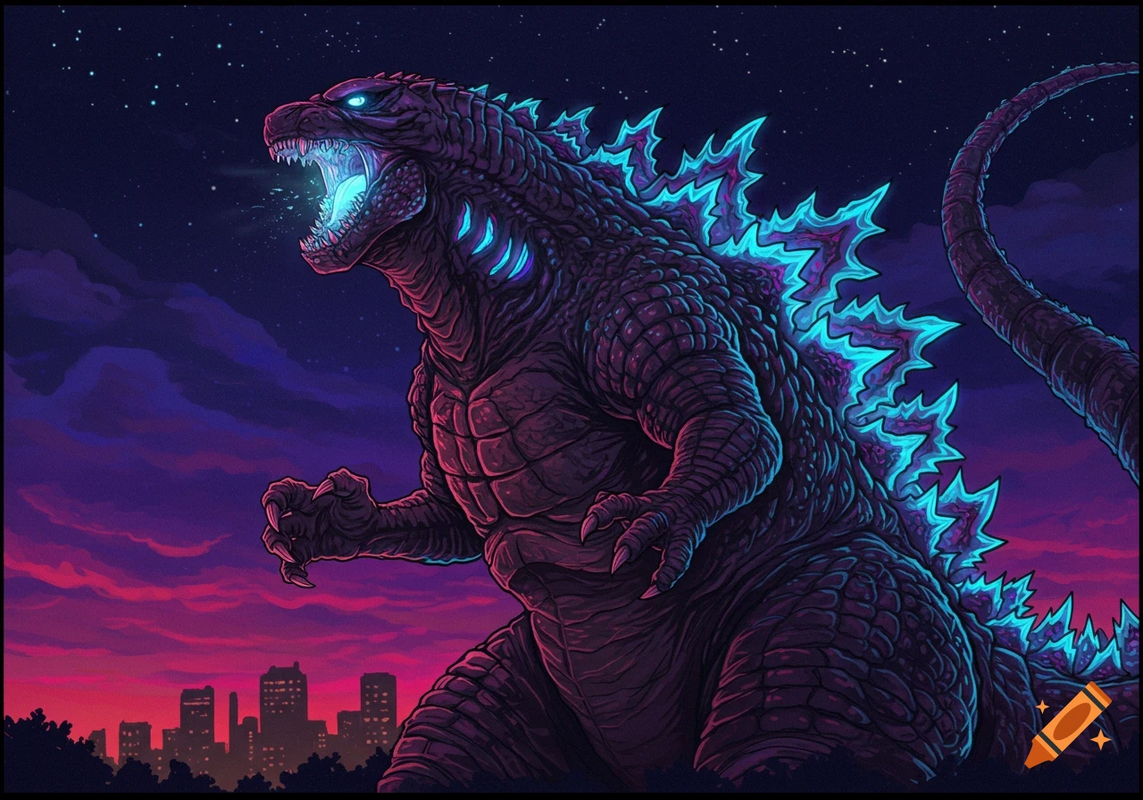 Illustration of Godzilla roaring with glowing spines against a night ...