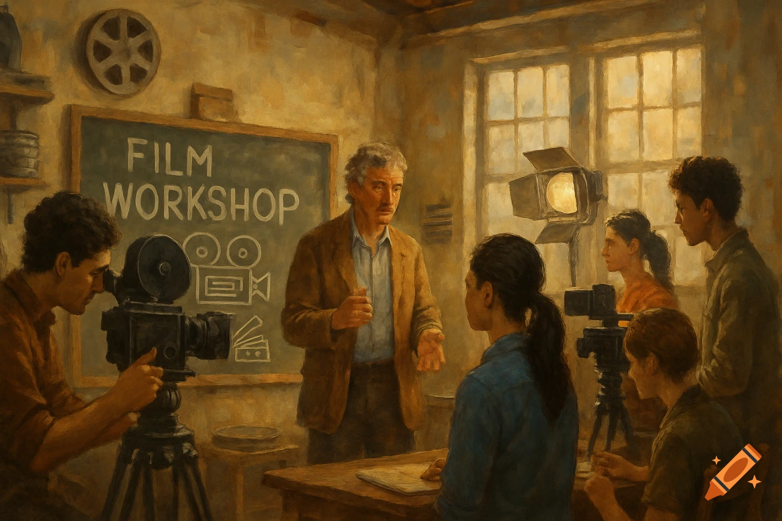 An oil painting of a film workshop class with a teacher and students ...