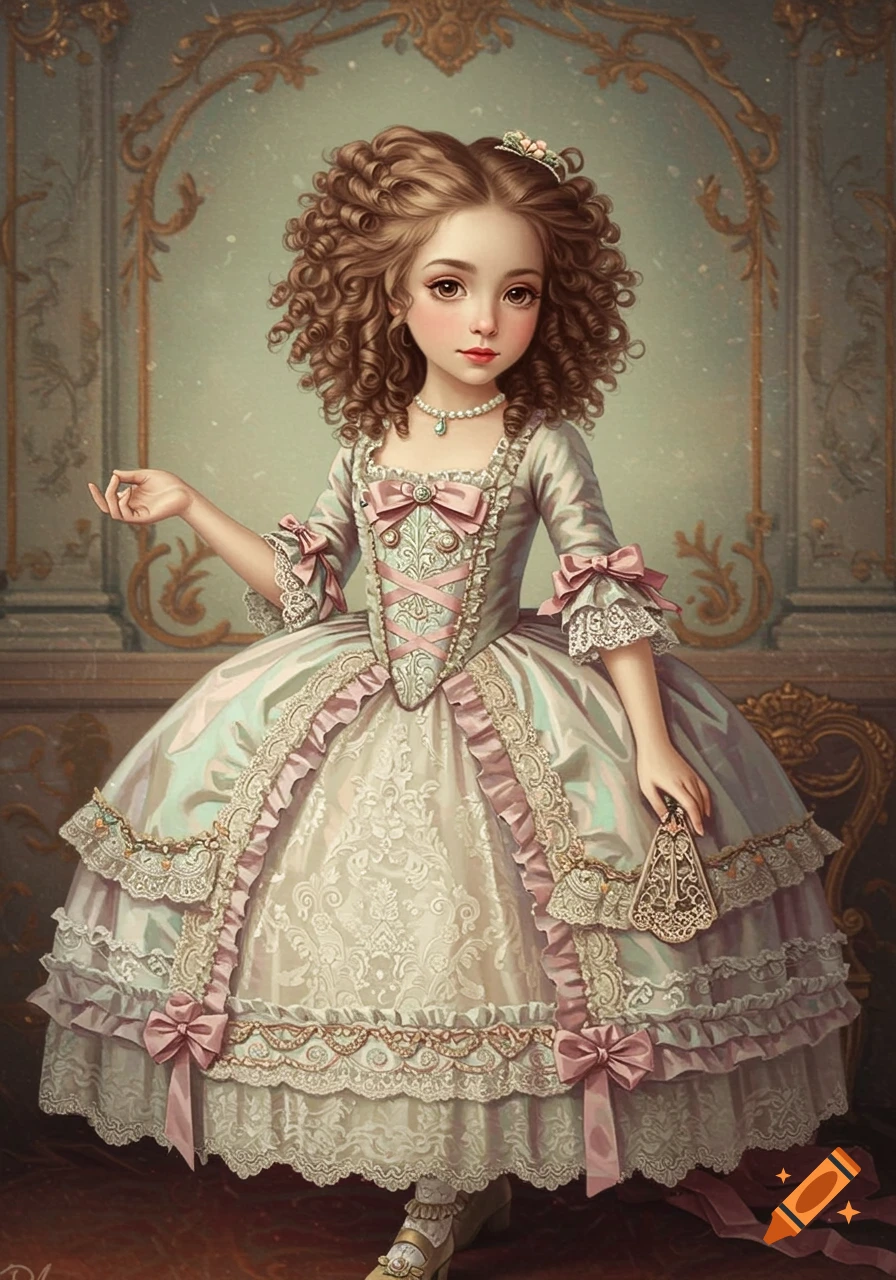 Painting of a young girl in an elaborate Rococo dress in a grand ...