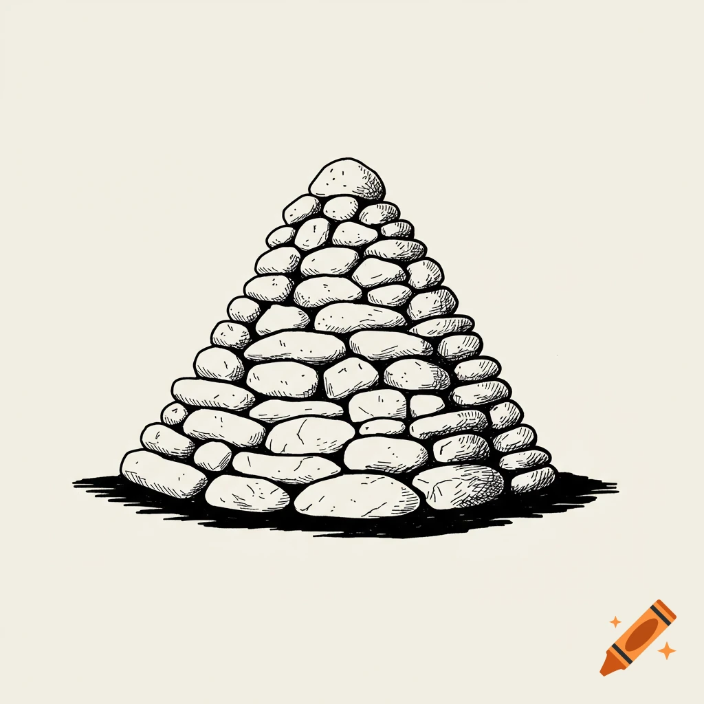 Black and white drawing of a cairn of stones. on Craiyon