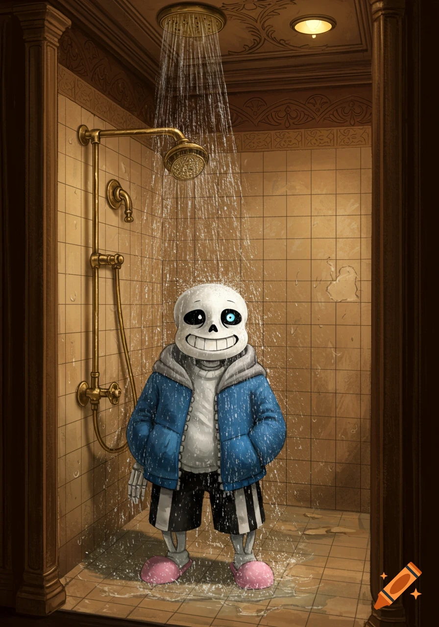 Sans from Undertale takes a shower in a tiled bathroom. on Craiyon