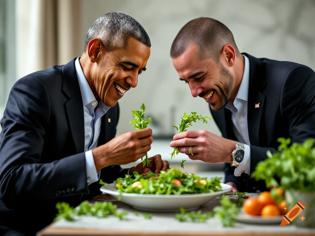 Barack Obama and a man smile while eating a salad on Craiyon
