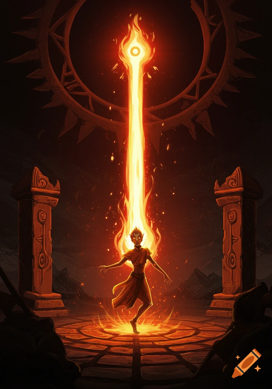 A figure stands engulfed in fire, below a fiery beam shooting up to a ...