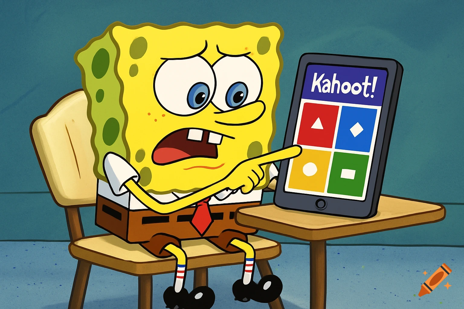 SpongeBob SquarePants points at a tablet displaying the Kahoot! game ...