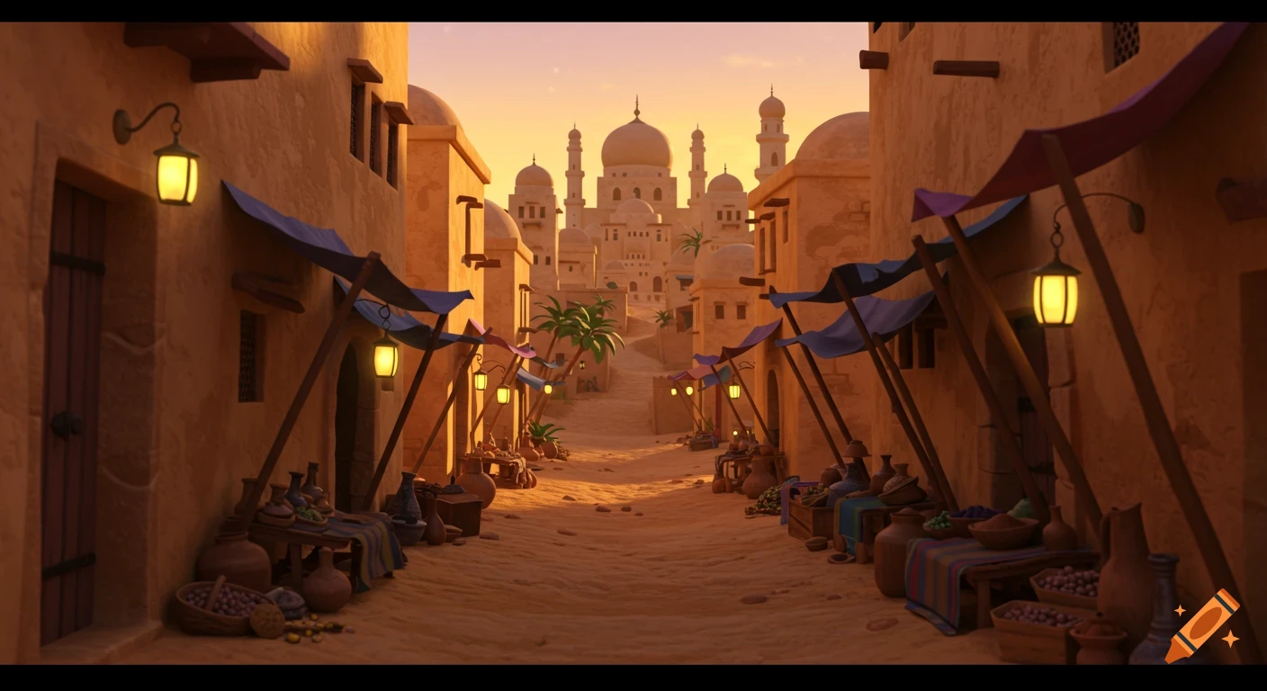 3D animation of an ancient Arabian market street at sunset, with ...