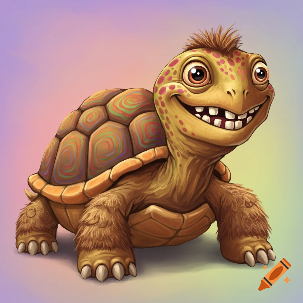 Cartoon illustration of a smiling turtle with big teeth and hairy legs. on Craiyon