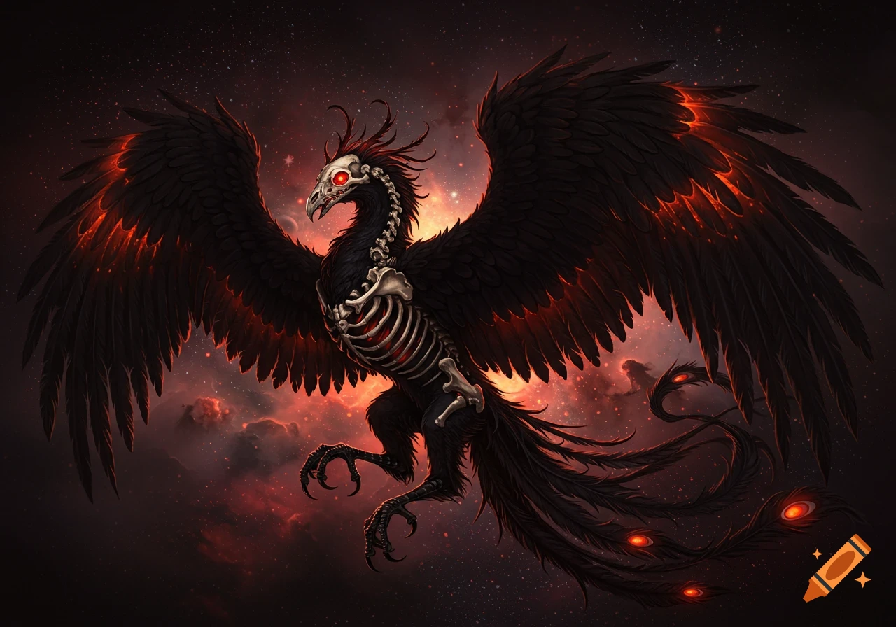 Illustration of a skeletal black phoenix with fiery wings against a ...
