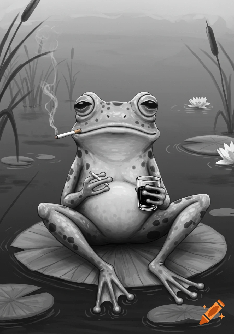 Black and white illustration of a frog smoking a cigarette and holding ...