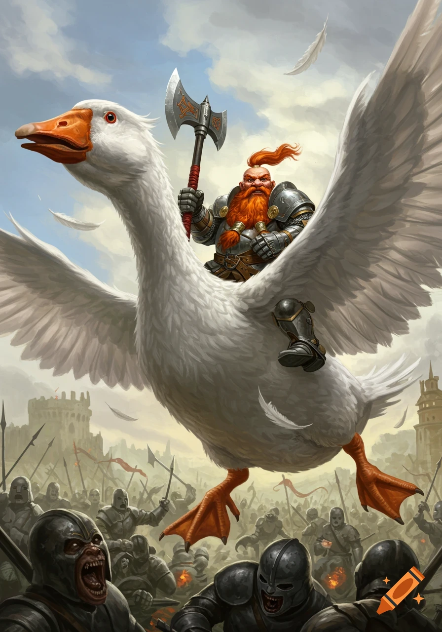 Dwarf warrior rides a giant goose into a fantasy battle against an army ...