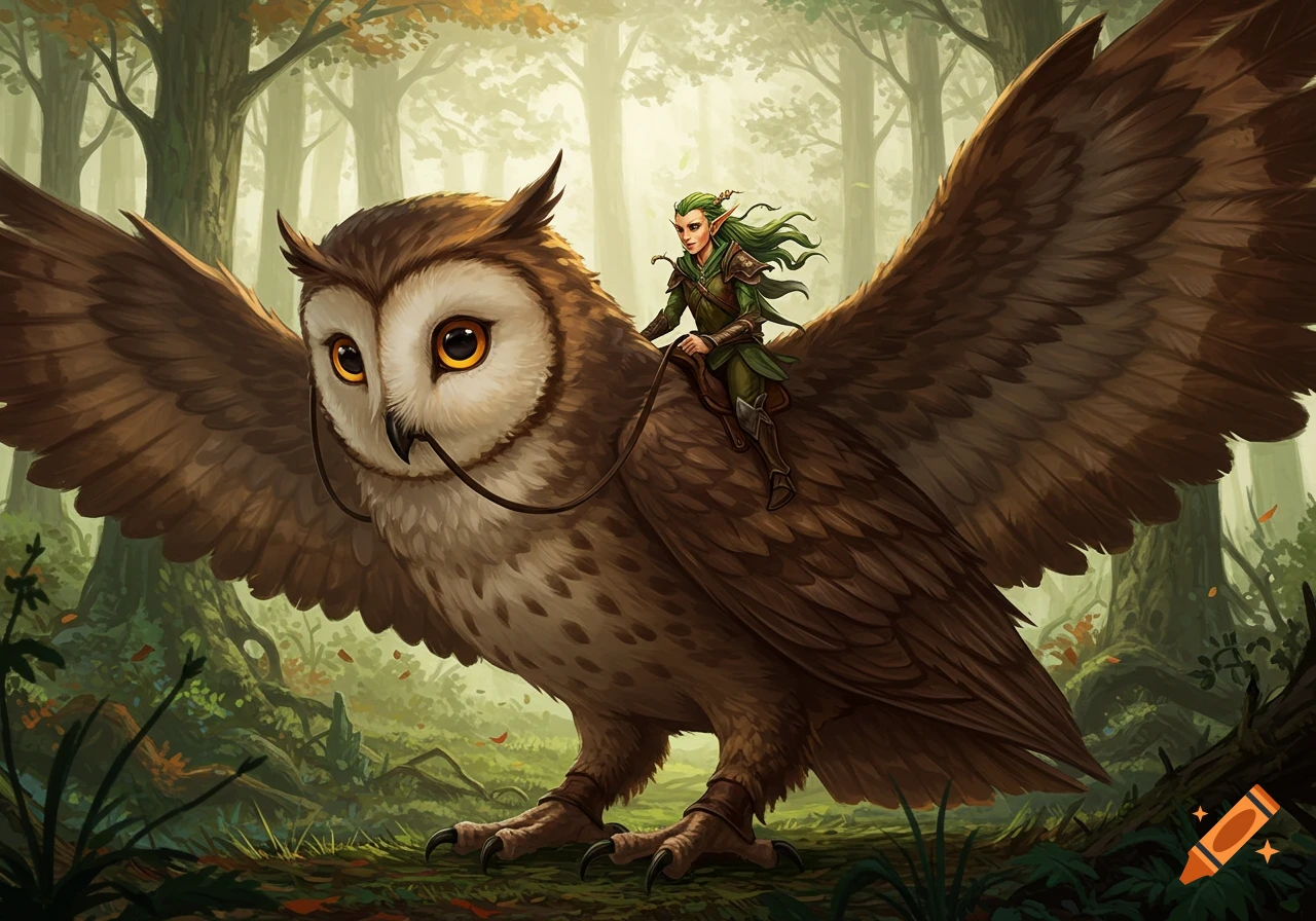 A fantasy illustration of a giant owl flying through a forest with an ...