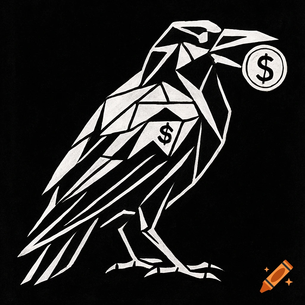 Geometric white raven holding a coin with a dollar sign, with another ...
