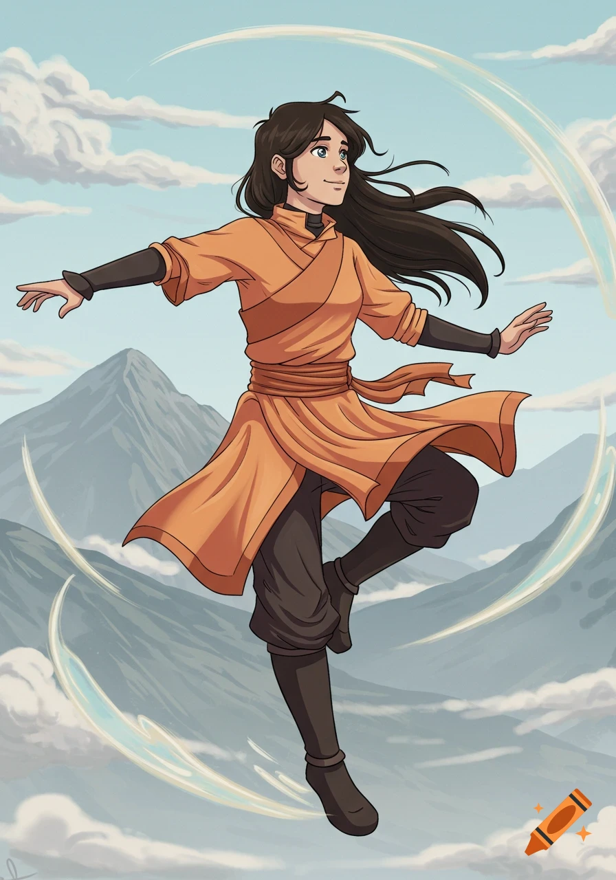 Anime drawing of a female character in an orange airbender uniform ...