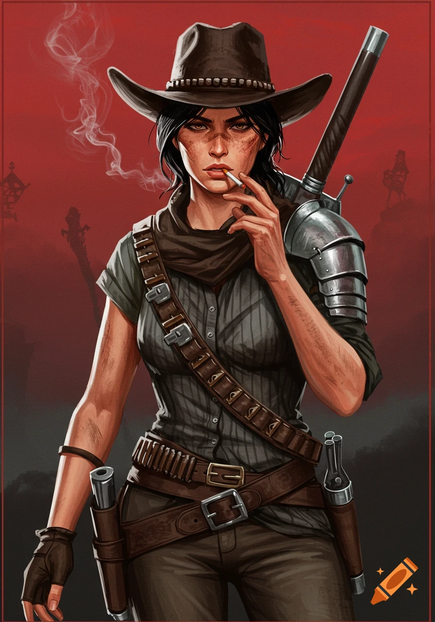 Illustration of a tough woman in a cowboy hat with a sword and armor ...