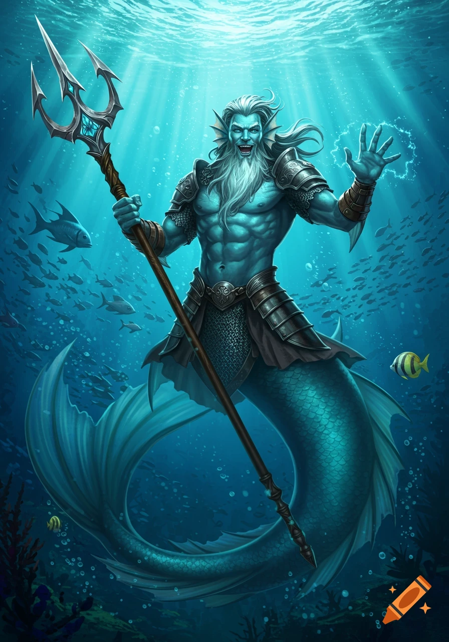 Fantasy illustration of a powerful merman holding a trident underwater ...
