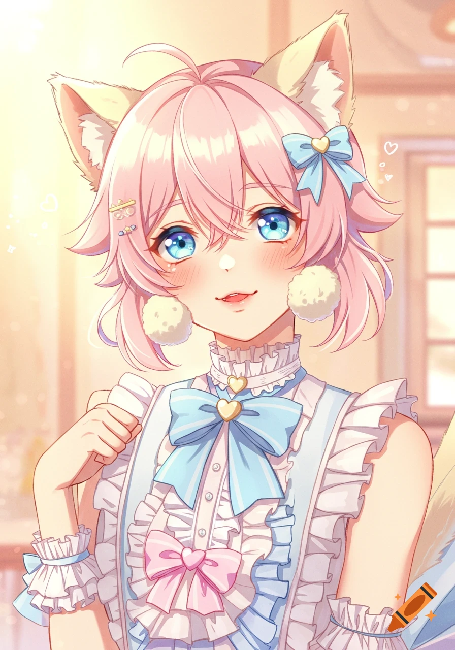 Anime catboy with pink hair, blue eyes, and cat ears in a frilly dress ...