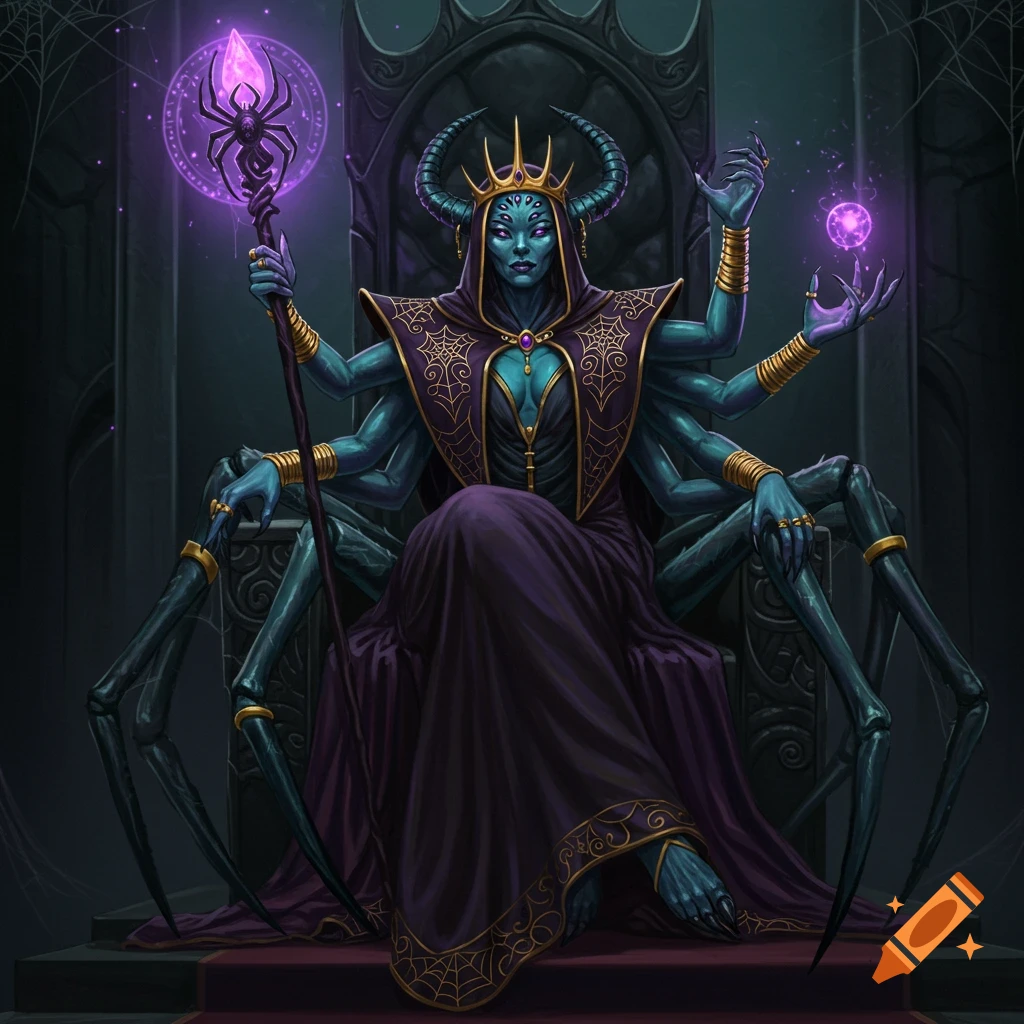 Anthropomorphic spider queen with multiple arms and spider legs sits on ...