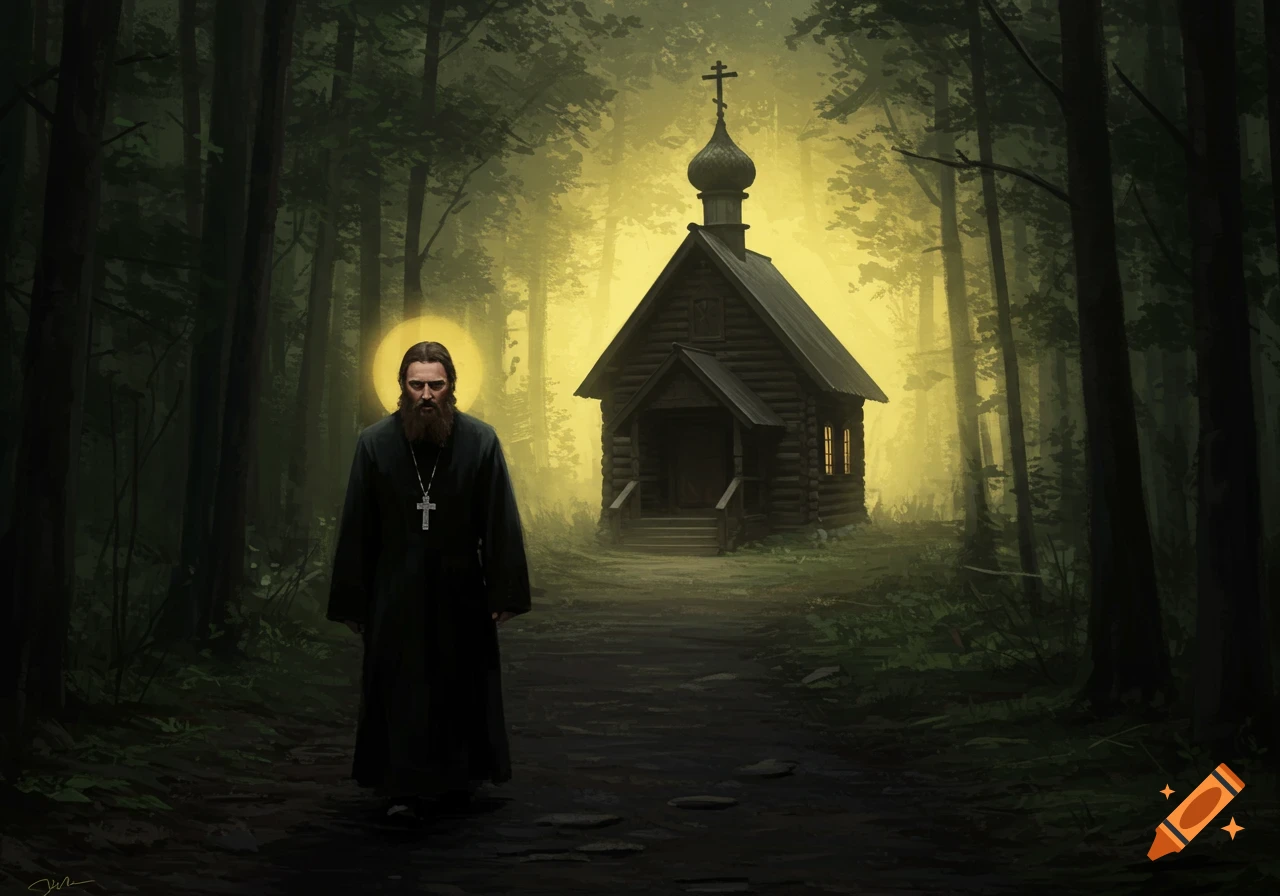 Russian Orthodox priest on a forest path with a hazy, lighted chapel ...
