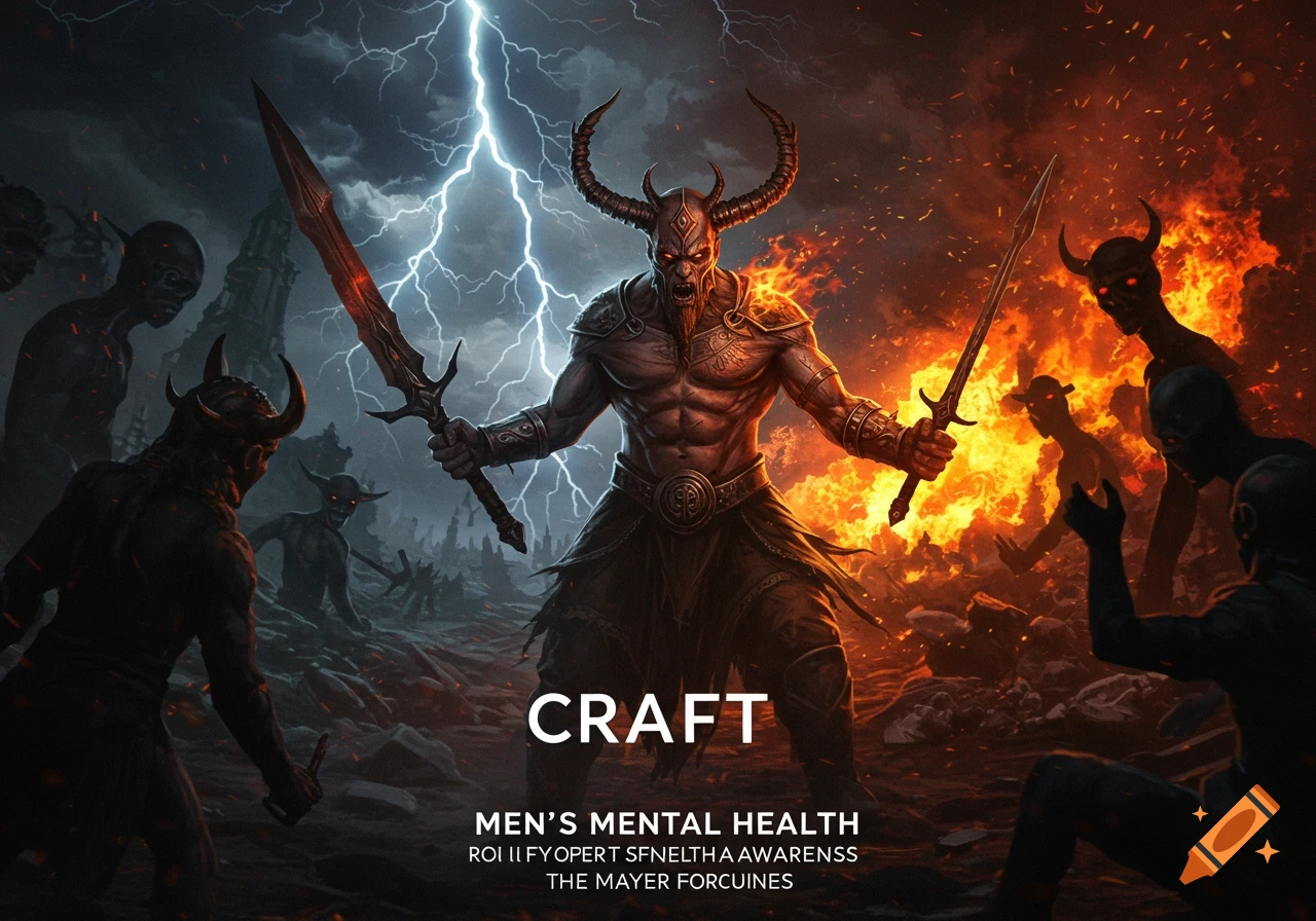 Dark fantasy illustration of a horned warrior battling demons with ...