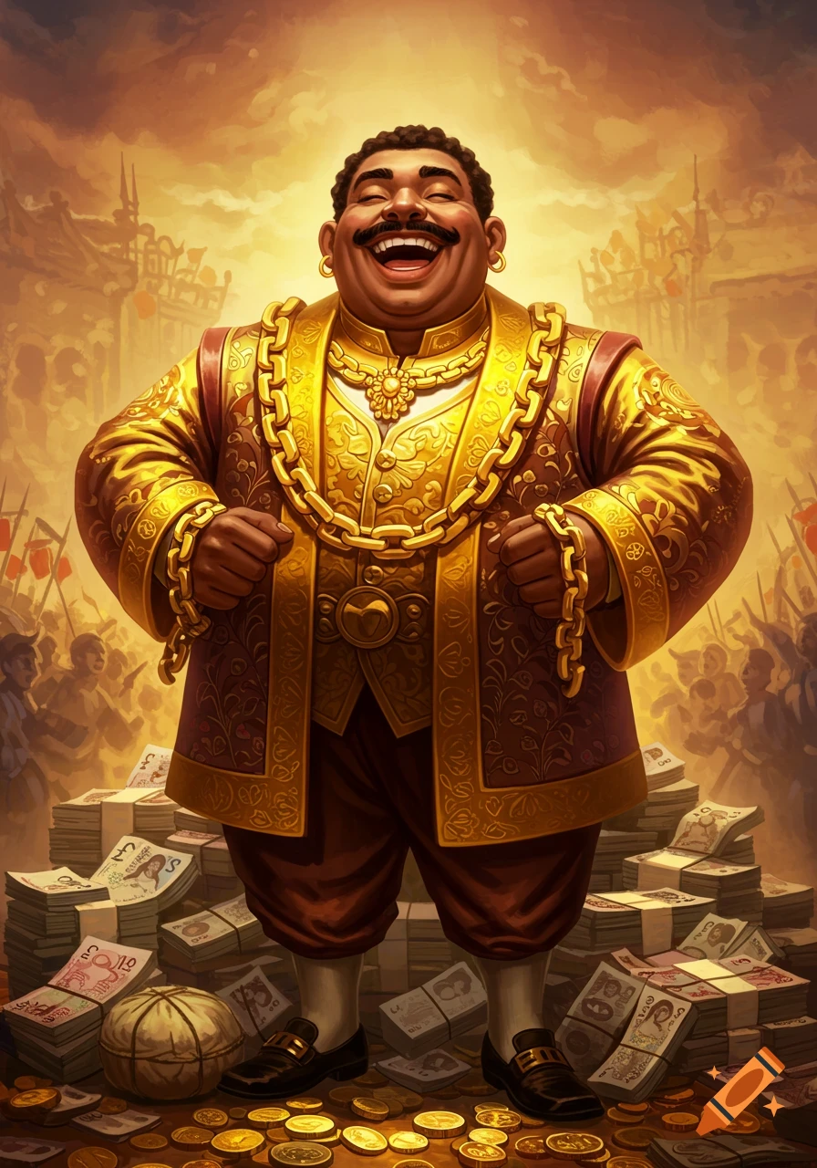 Laughing rich man in golden robes standing amidst piles of gold coins ...