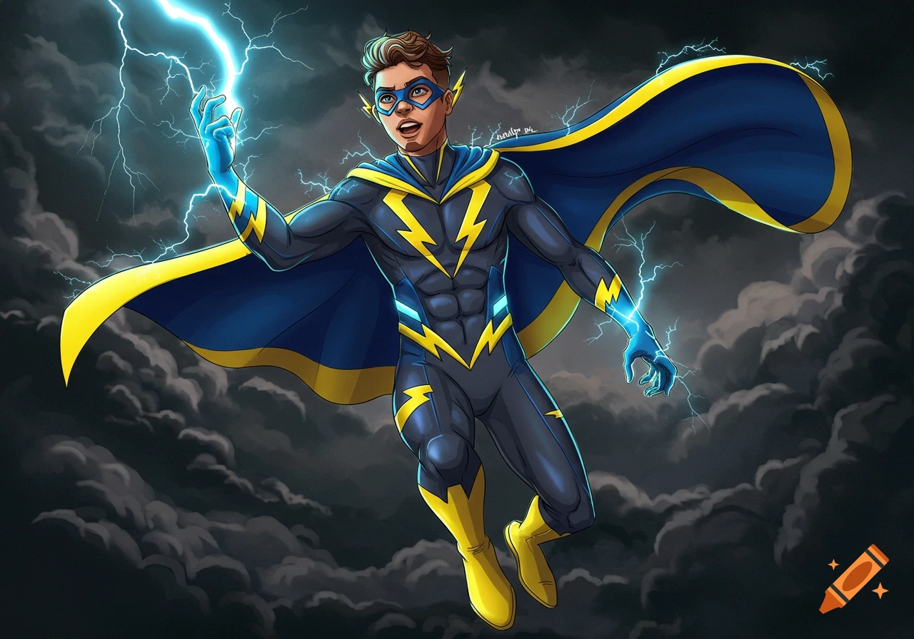 Illustration of a superhero man in a blue and yellow lightning costume ...