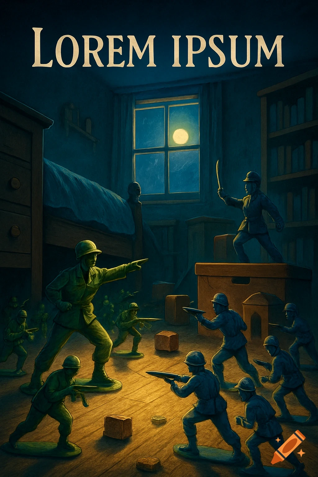 Illustrated fantasy art of toy soldiers battling in a moonlit bedroom with text LOREM IPSUM. on ...
