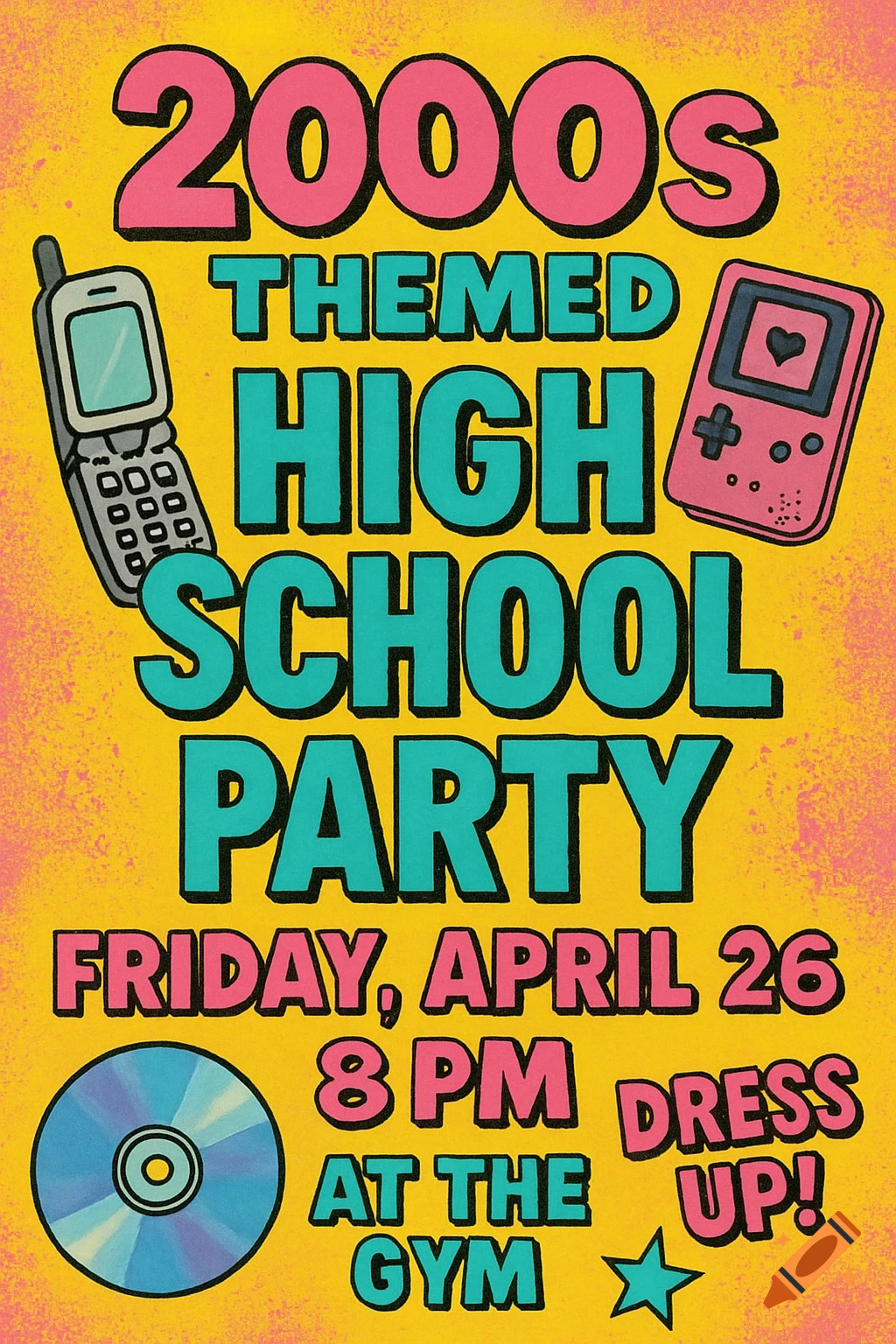 2000s themed high school party poster with flip phone, game console, CD ...