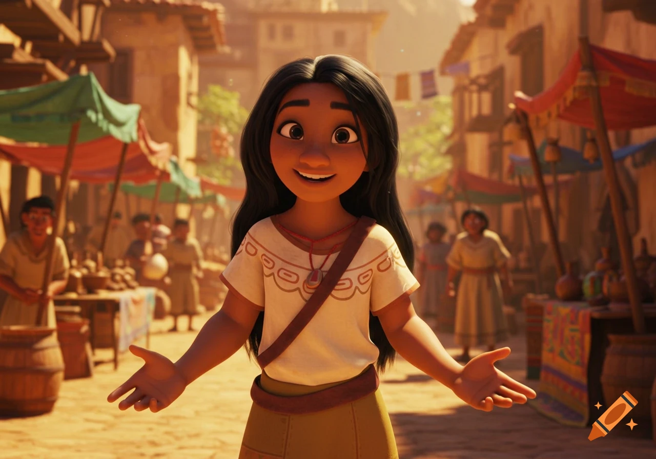 Cartoon character Chel stands smiling in a sunny village marketplace on ...