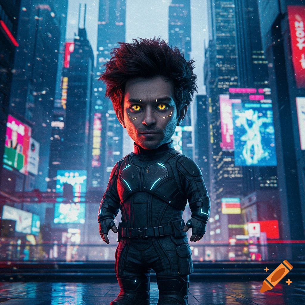 A stylized character with glowing eyes in a futuristic suit stands in a ...